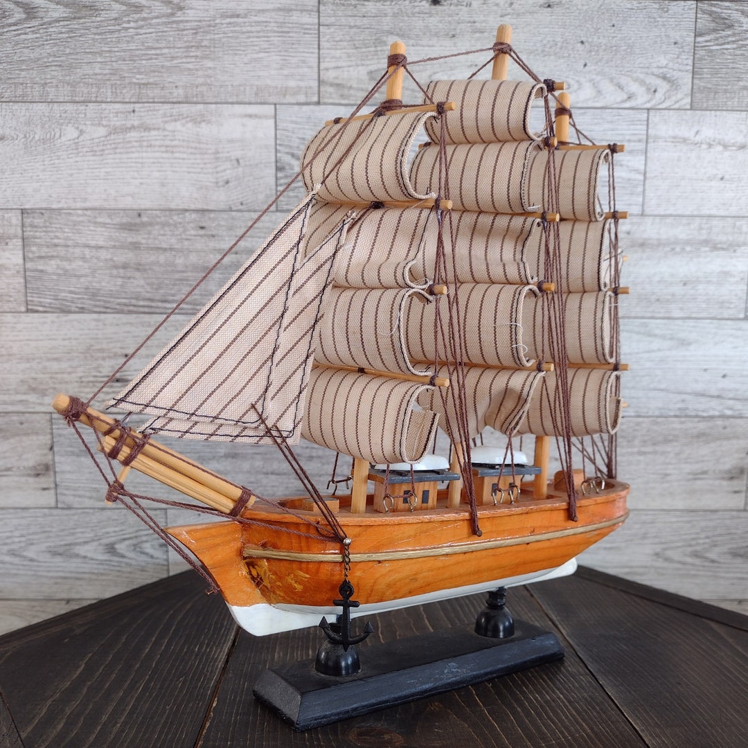 Vintage Small Wooden Decorative Model Ship Handmade With Fabric Striped ...