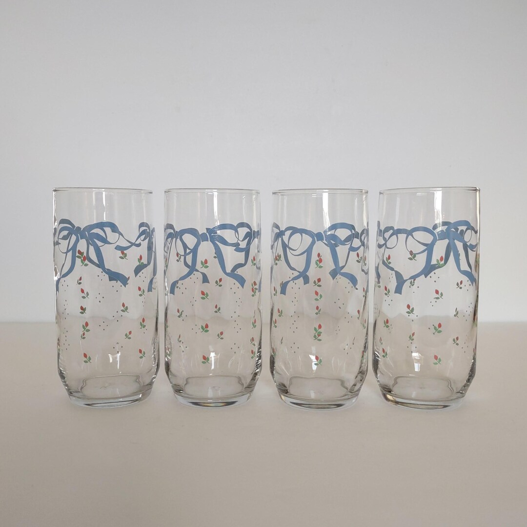 Vintage Libbey Blue Ribbon Rose Bud Country Goose Style Glasses Set of ...