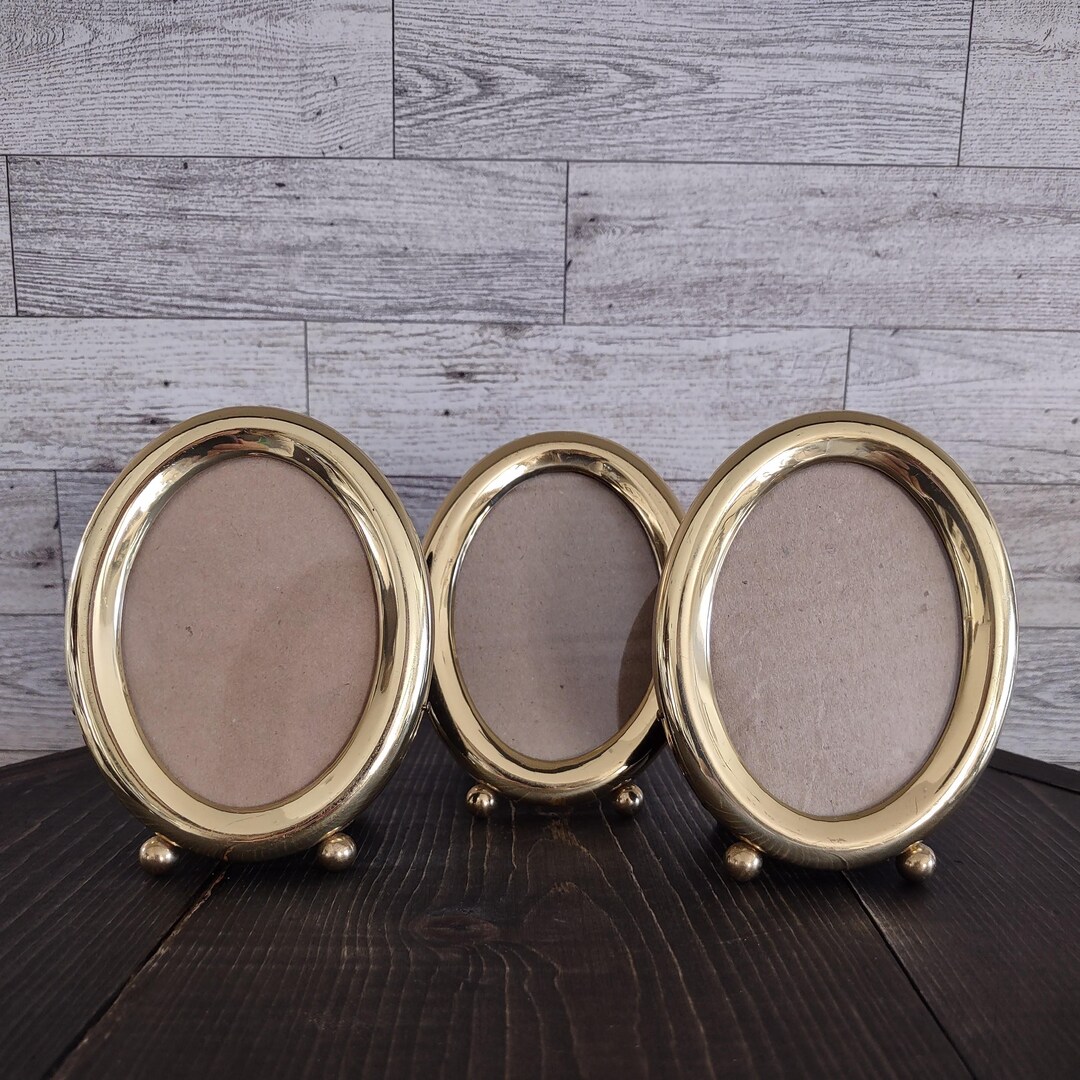 Vintage Small Gold Solid Brass Oval Frames With Ball Feet Glass Easel 2 ...
