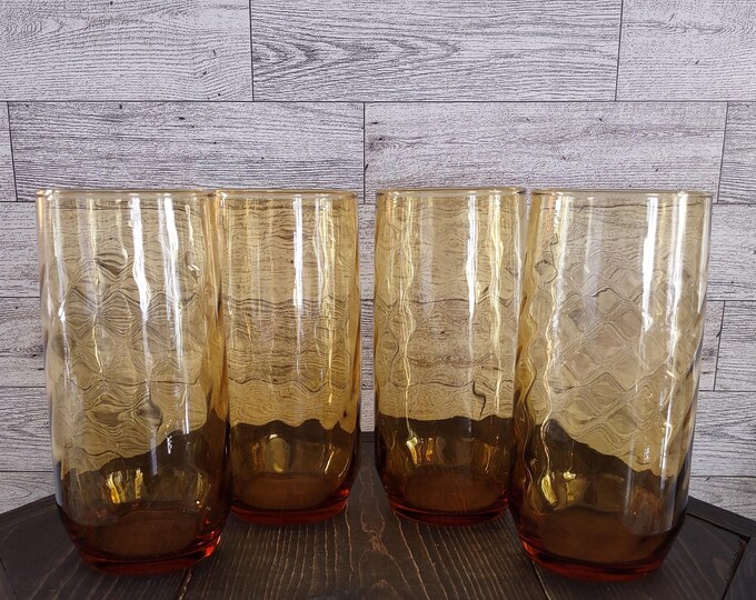 Vintage Libbey Amber Gold Optic Swirl Tall Water Glasses Iced Tea Set ...