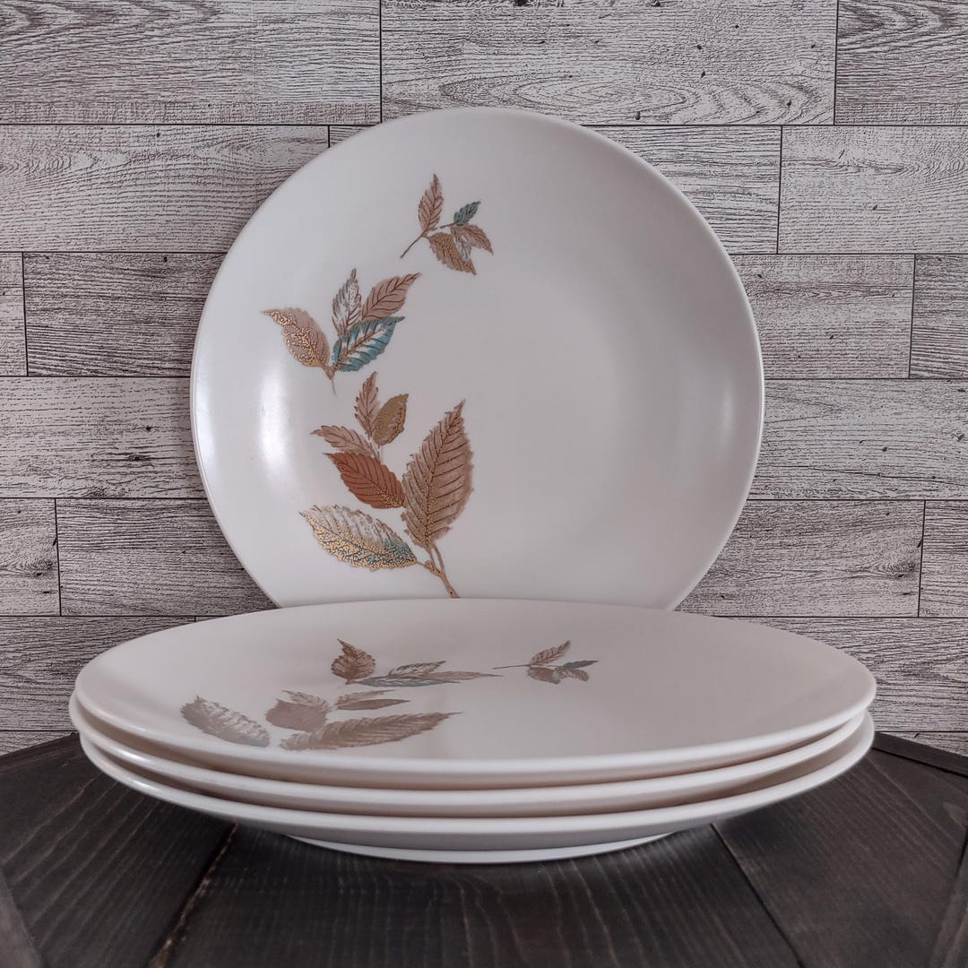 Vintage 1950's Melmac Beverly Prolon Dinner Plates Leaves Gold Detail ...
