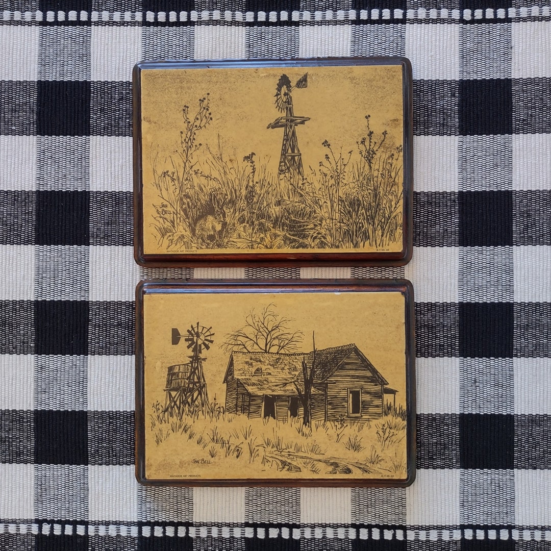 Vintage 1970 Print Drawings Country Cottage Windmill Prairie Scene on ...