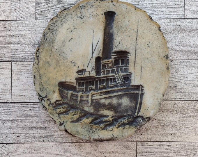 Vintage Volcanic Ash Clay Pottery Fisherman Boat Tugboat Wall Plaque ...