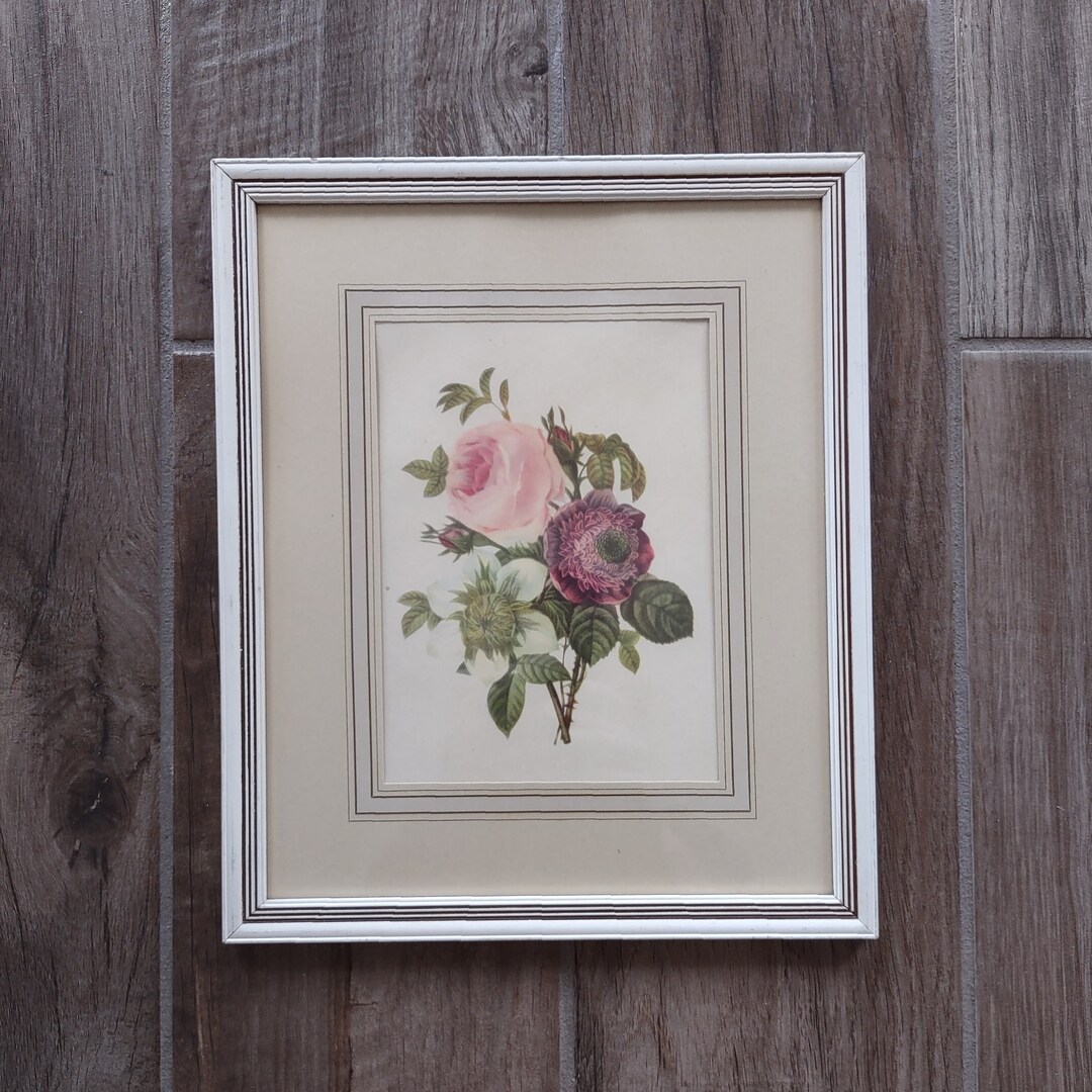 Vintage Mid Century Rose Flower Litho Print Matted Cream Wood Frame ...