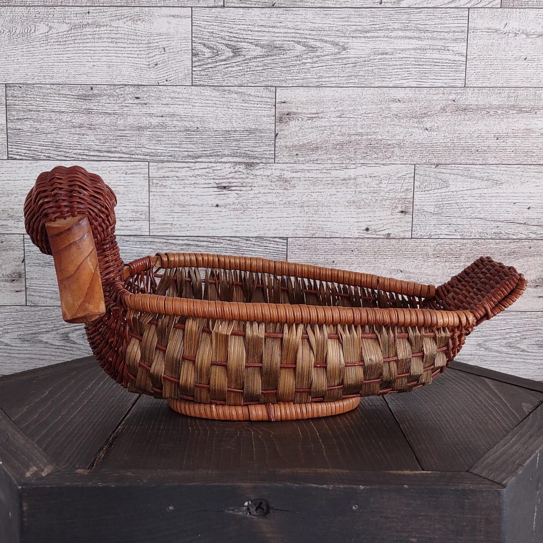 Vintage Duck Bird Shaped Wicker Woven Basket Faux Floral Planter With ...