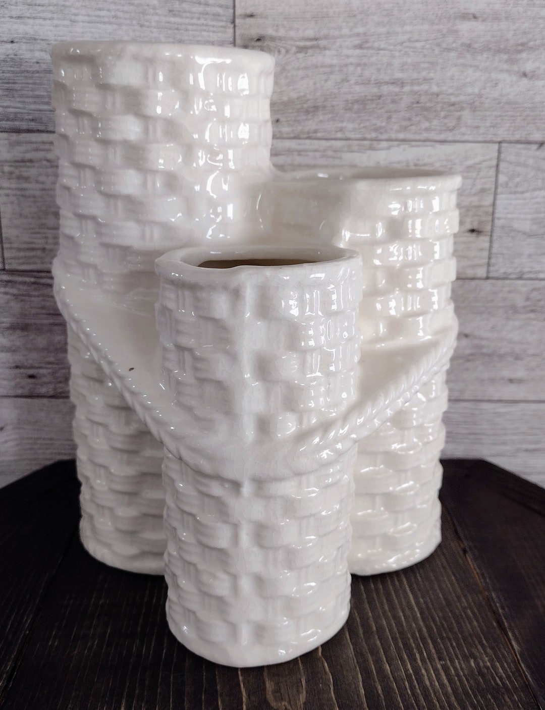 Vintage Ceramic 3 Tier Flower Vase With Basket Weave Detail Bamboo ...