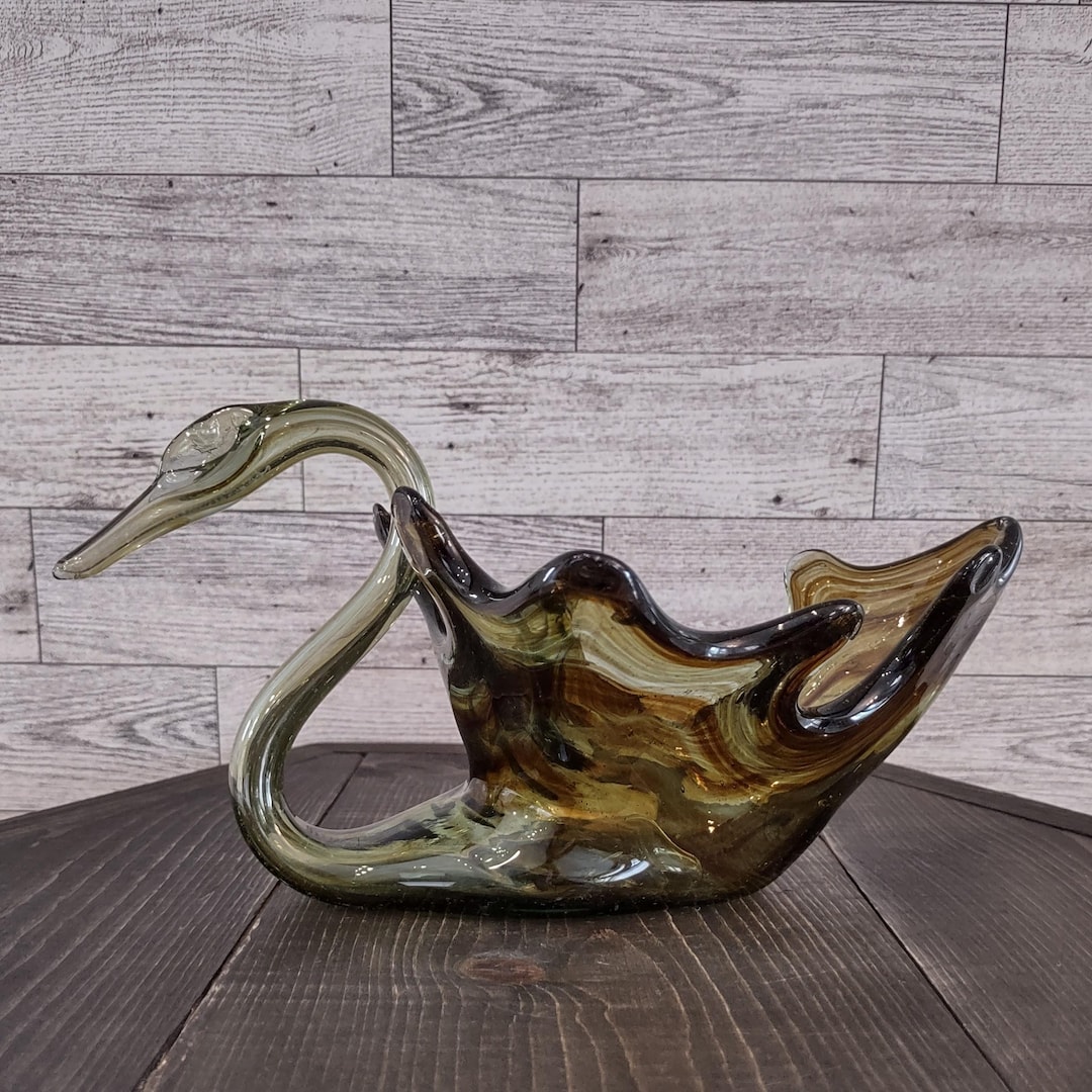 Vintage Mid Century Hand Blown Glass Swan Figurine/vintage Green Brown ...