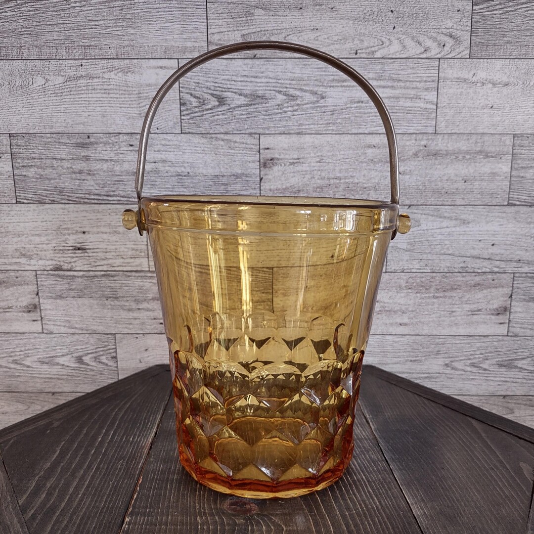 Vintage Depression Glass Style Ice Bucket in Gold Amber Color Cut Glass ...