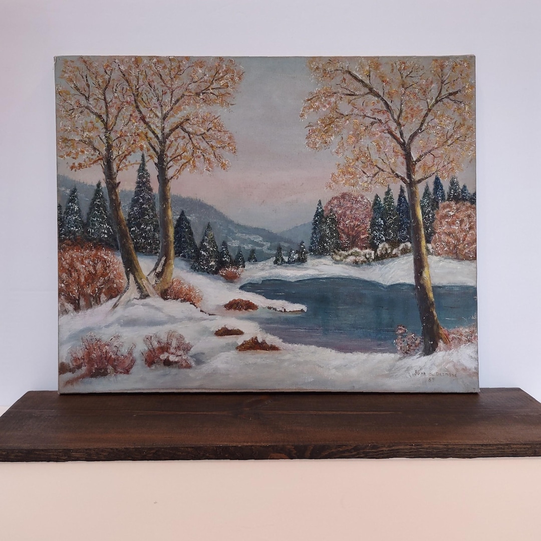 Vintage 1989 Original Hand Painted Landscape Fall Winter Trees Water ...
