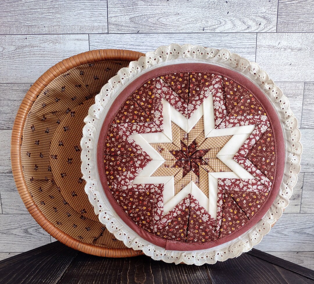 Vintage Handmade Wicker Storage Basket With Quilted Starburst Eyelet ...