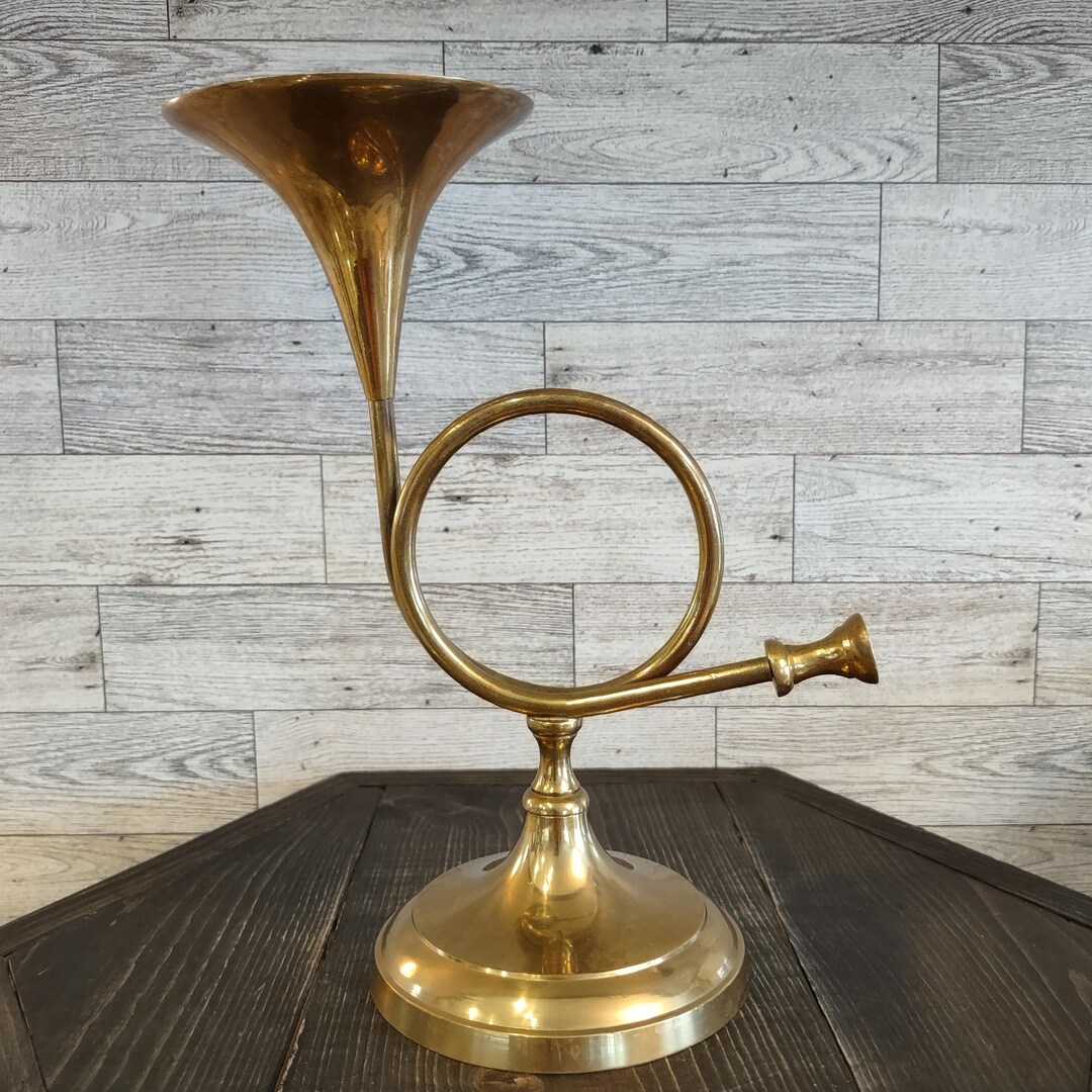 Vintage Brass Upright Horn Bugle French Horn Candlestick Candle Holder ...