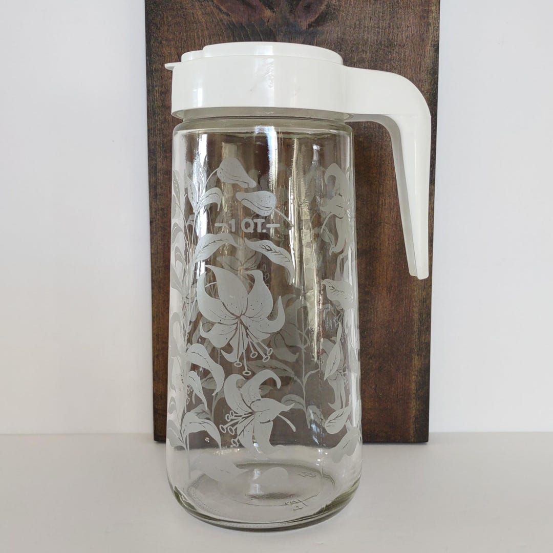 Vintage 1970’s Anchor Hocking Glass Tang Pitcher 1 Quart Frosted Lilies ...