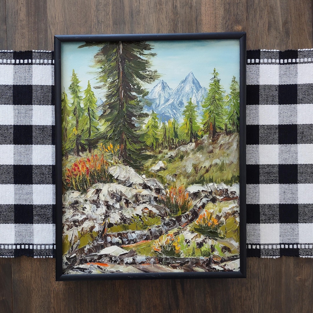 Vintage Impasto Style Landscape Painting Mountain Forest Pine Trees ...