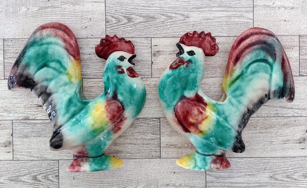 Vintage Mid Century Rooster Chicken Ceramic Wall Pockets Set of 2 ...