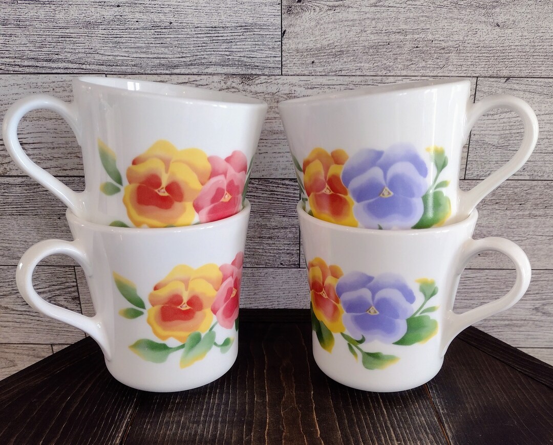 Vintage Corning Ware Pansy Flower Tea Cups Coffee Mugs Set of 4 Summer ...