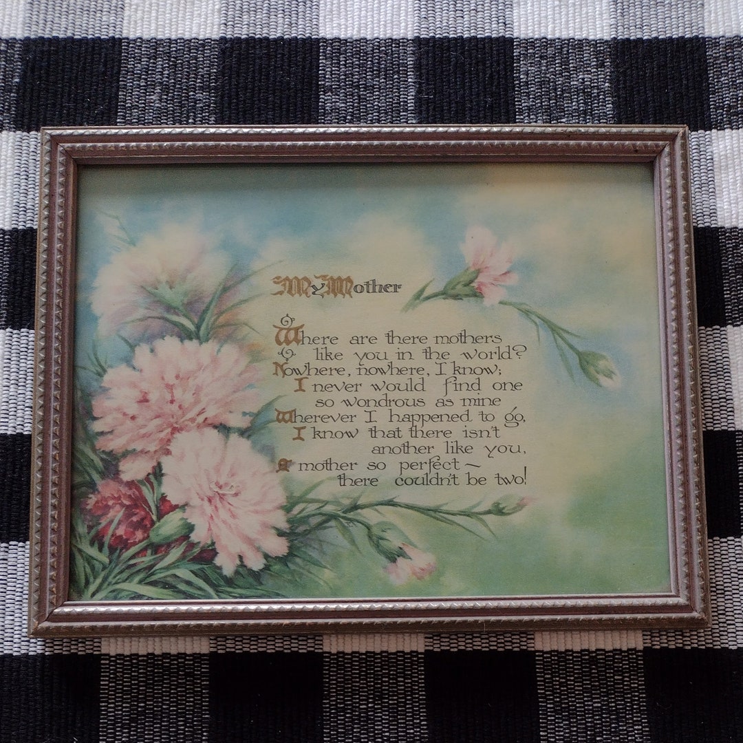 Vintage 1930s my Mother Printed Poem With Pink Carnations Gold Letter ...