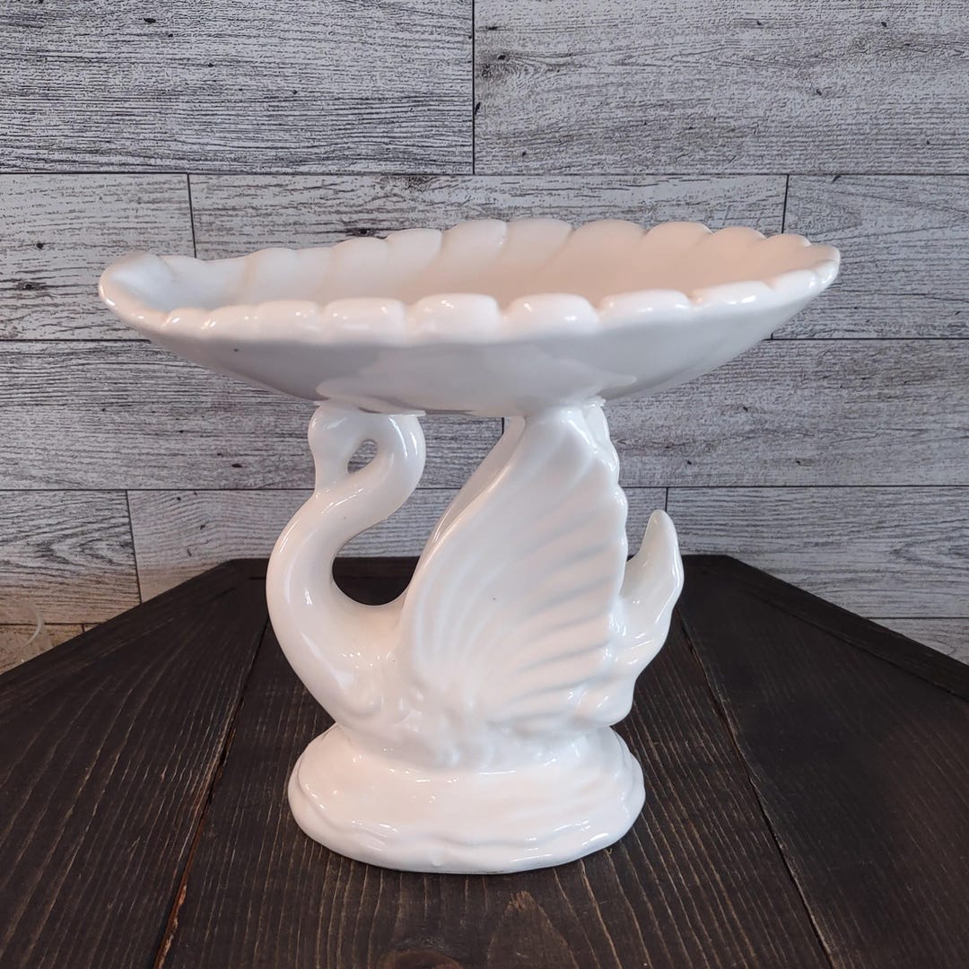 Vintage Mid Century Ardco Porcelain White Swan Figurine Pedestal Shell ...