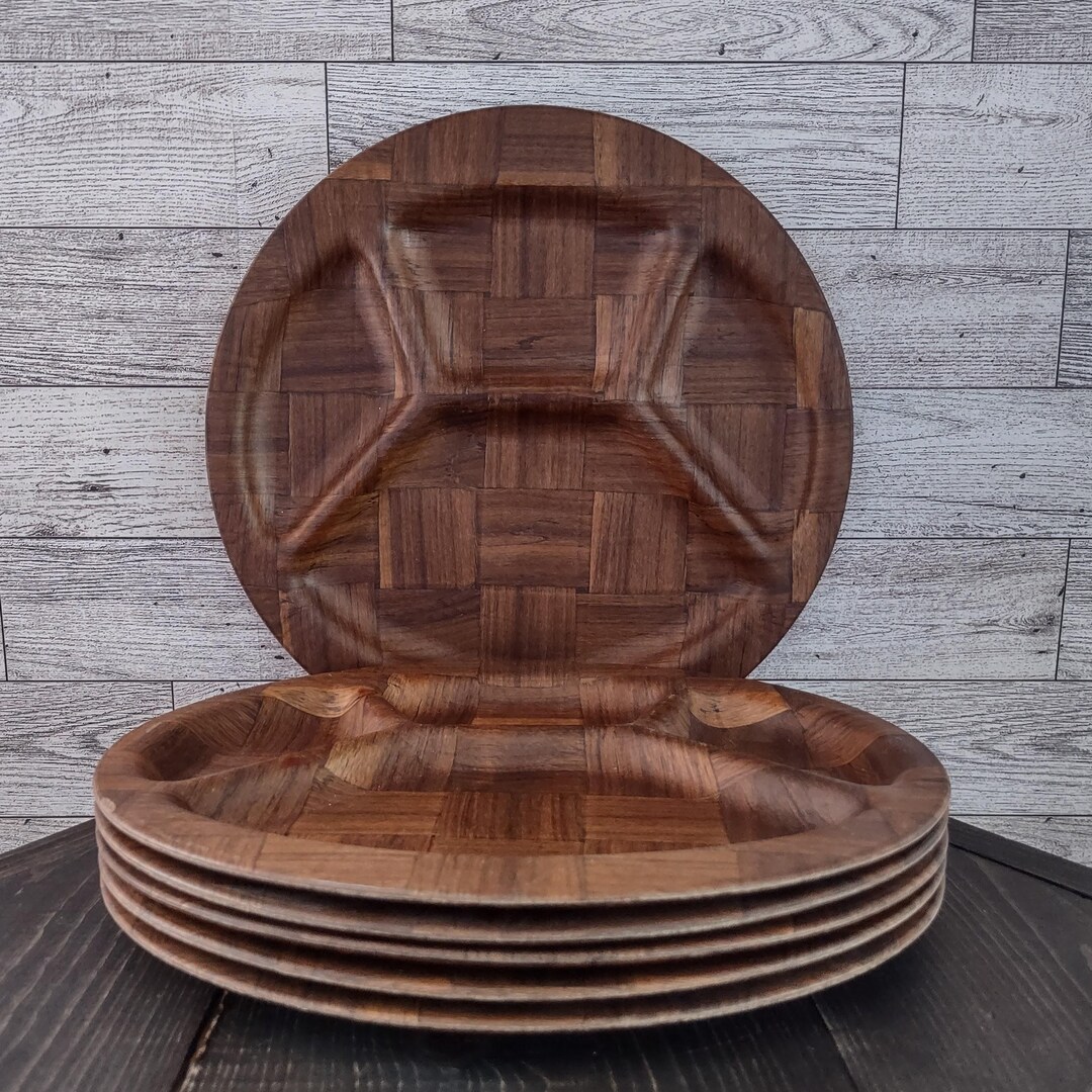 Vintage 1960s Genuine Walnut Weavewood Divided Wood Plates Parque Style ...