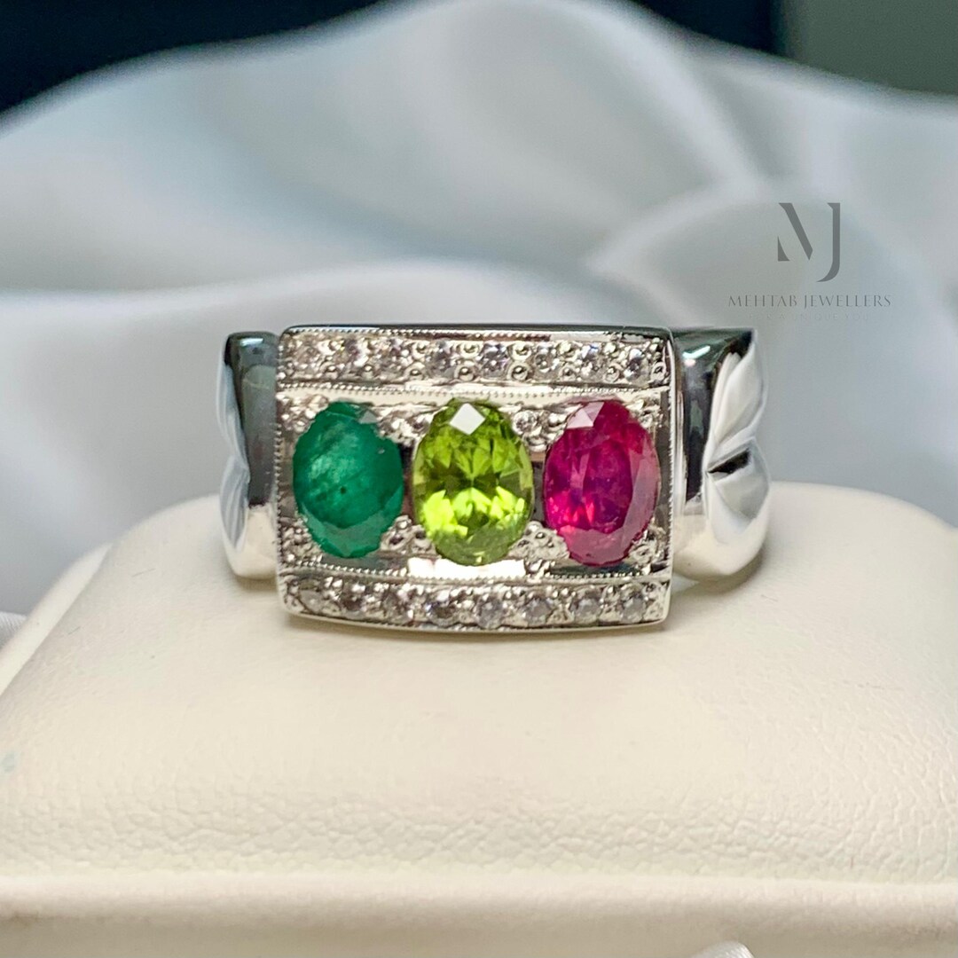 Natural Emerald Peridot Ruby Ring, Solid 925 Sterling Silver, Handmade ...