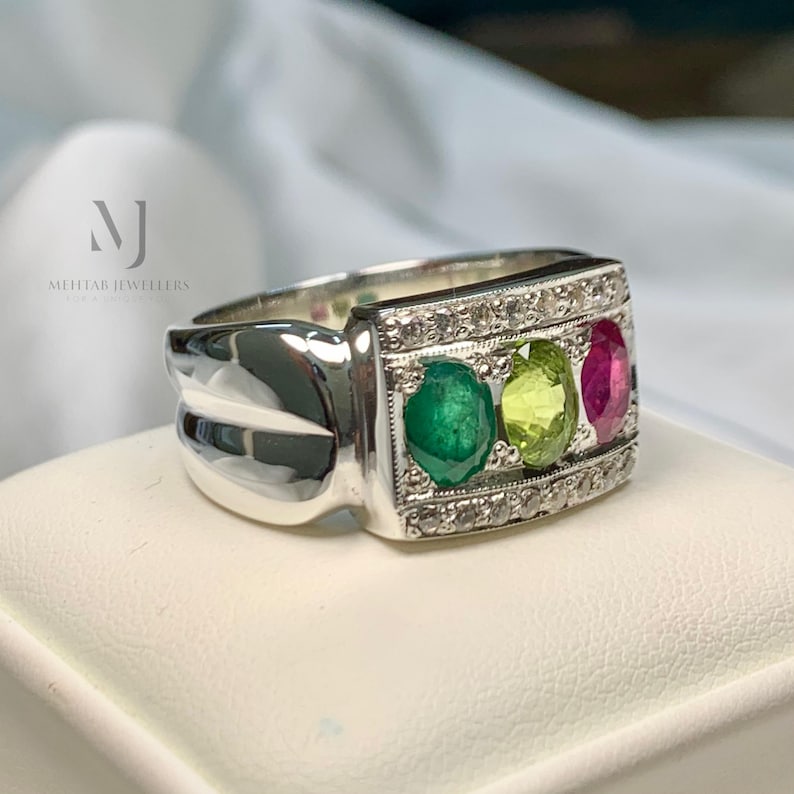 Natural Emerald Peridot Ruby Ring, Solid 925 Sterling Silver, Handmade ...