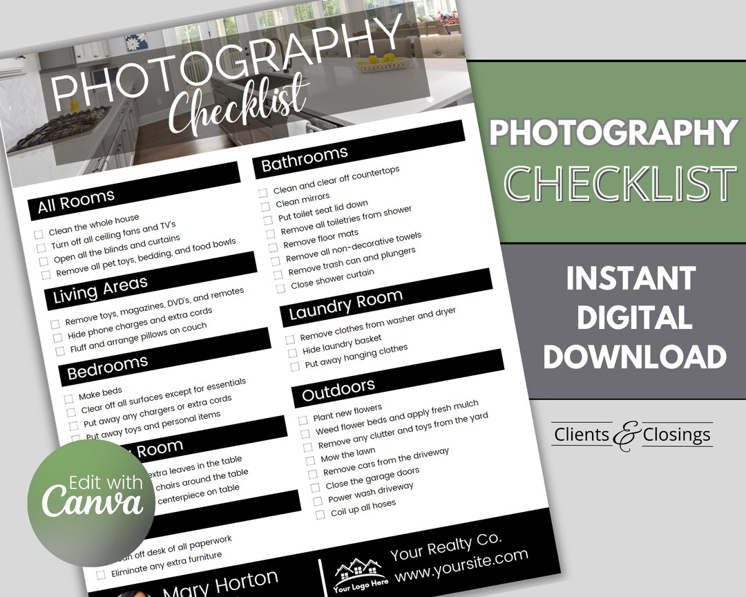 Real Estate Photography Checklist, Real Estate Checklist, Realtor Photo ...