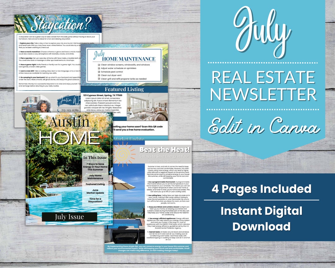 July Real Estate Newsletter Template, Realtor Marketing (canva Editable ...