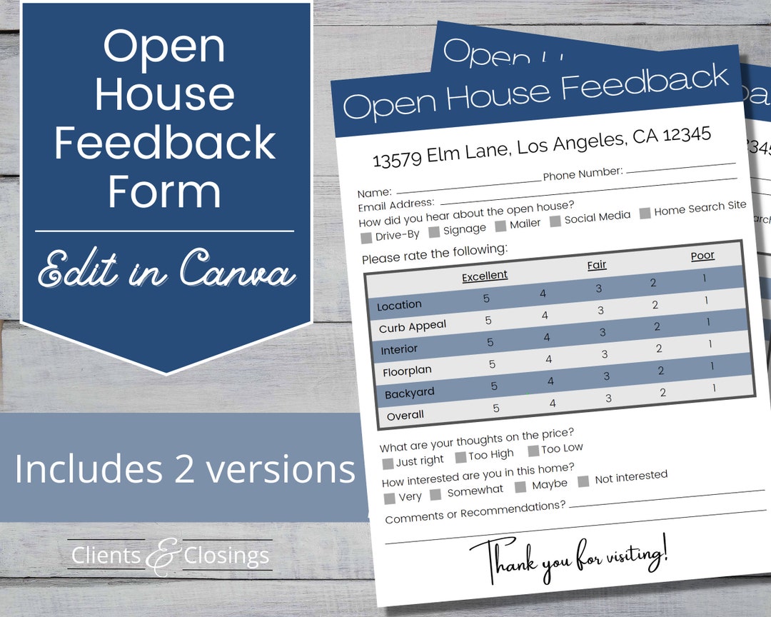Real Estate Open House Feedback Form, Realtor Open House, Open House ...