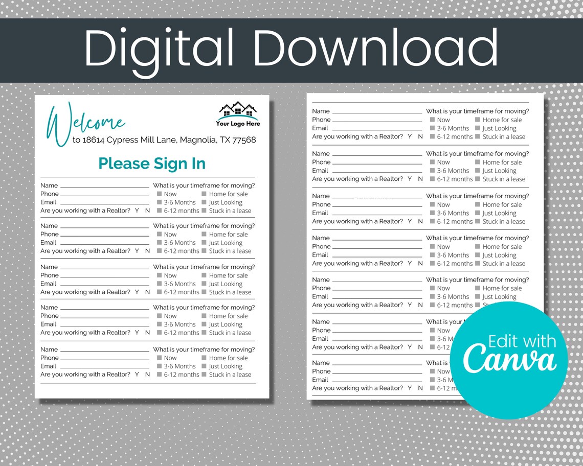 Open House Sign in Sheet, Real Estate Forms, Sign in Sheet Real Estate ...