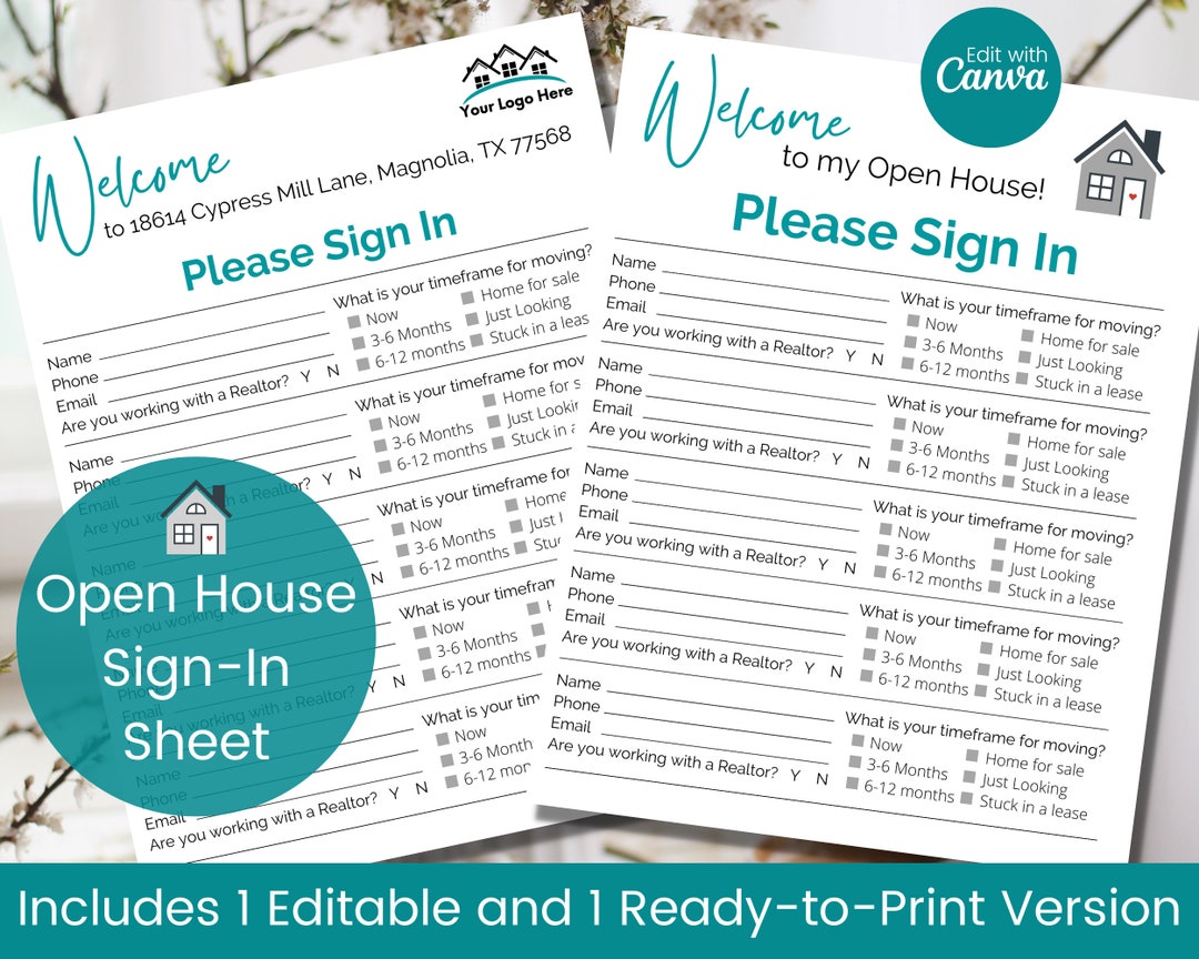 Open House Sign in Sheet, Real Estate Forms, Sign in Sheet Real Estate ...
