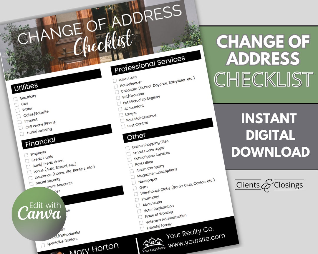 Change of Address Checklist, Real Estate Checklist, Realtor Moving List ...