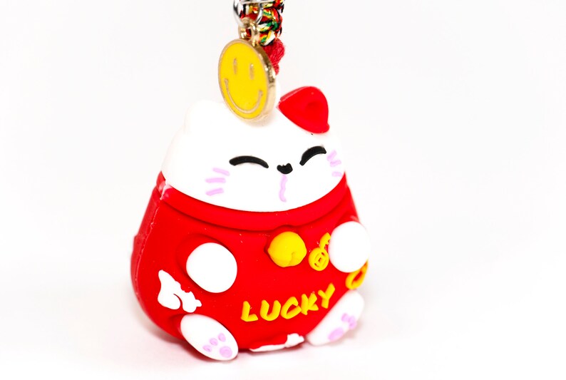 Handmade Red Braided Rope Maneki Neko & Smiling Face Pendent Keychain Maneki Neko Charm Zipper ...