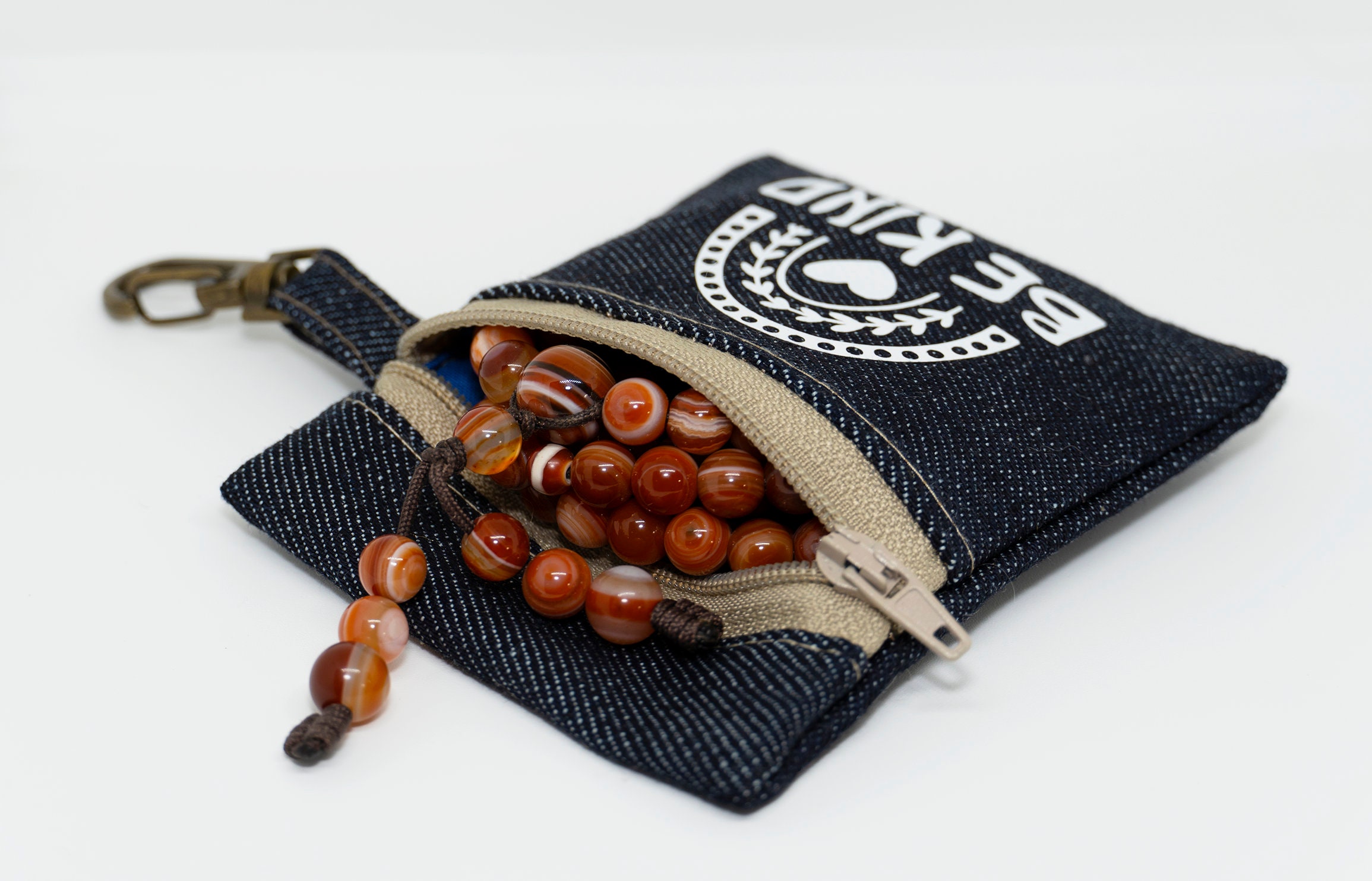 Buddhist Auspicious Be Kind Design Denim Zipper Mini Bag/ Key Chain Pouch/ Card & Key Holder ...