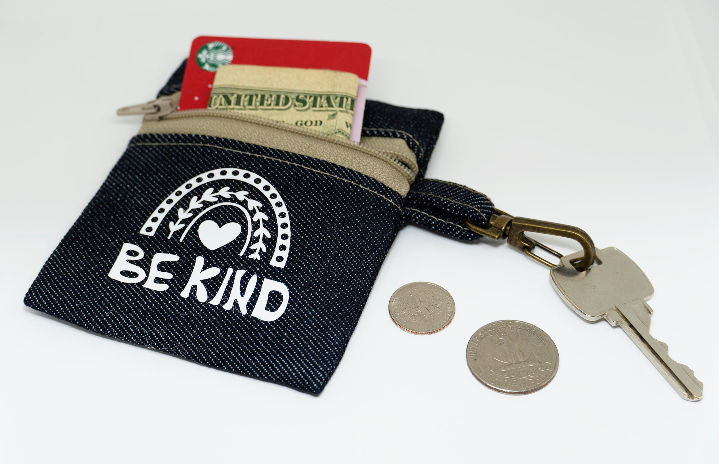 Buddhist Auspicious Be Kind Design Denim Zipper Mini Bag/ Key Chain ...
