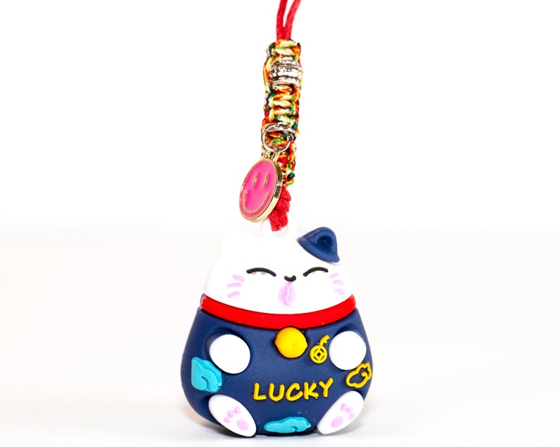 Handmade Red Braided Rope Maneki Neko & Smiling Face Pendent Keychain Maneki Neko Charm Zipper ...