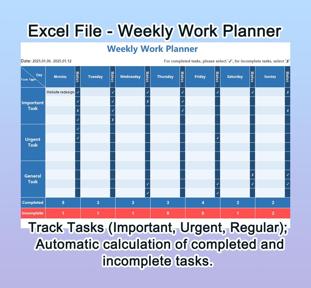 Weekly Work Planner Excel - Track Tasks (important, Urgent, Regular ...