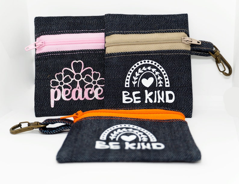 Buddhist Auspicious Be Kind Design Denim Zipper Mini Bag/ Key Chain ...