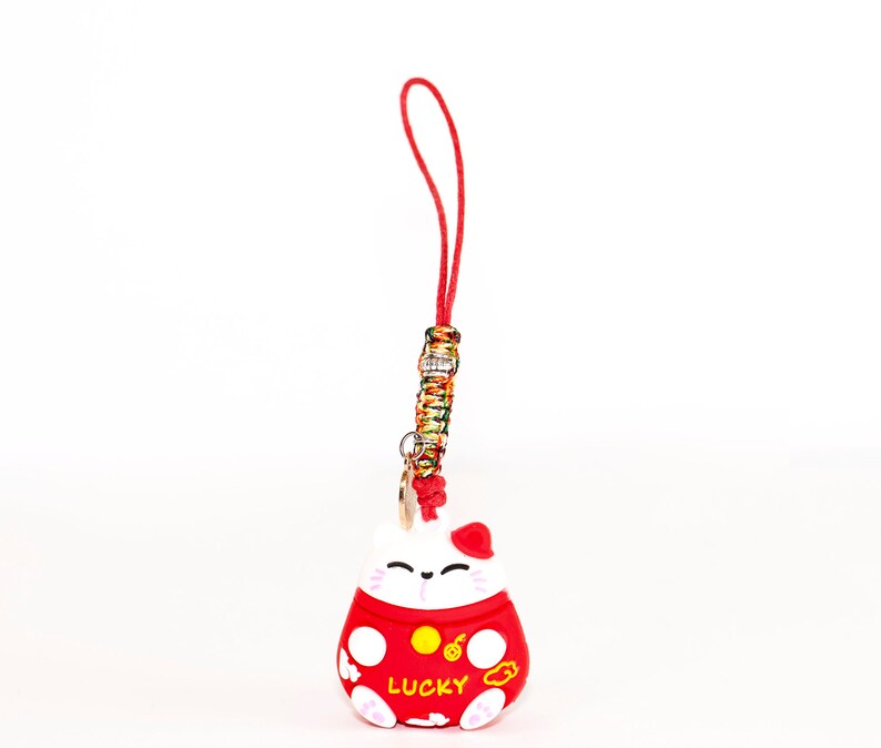 Handmade Red Braided Rope Maneki Neko & Smiling Face Pendent Keychain Maneki Neko Charm Zipper ...