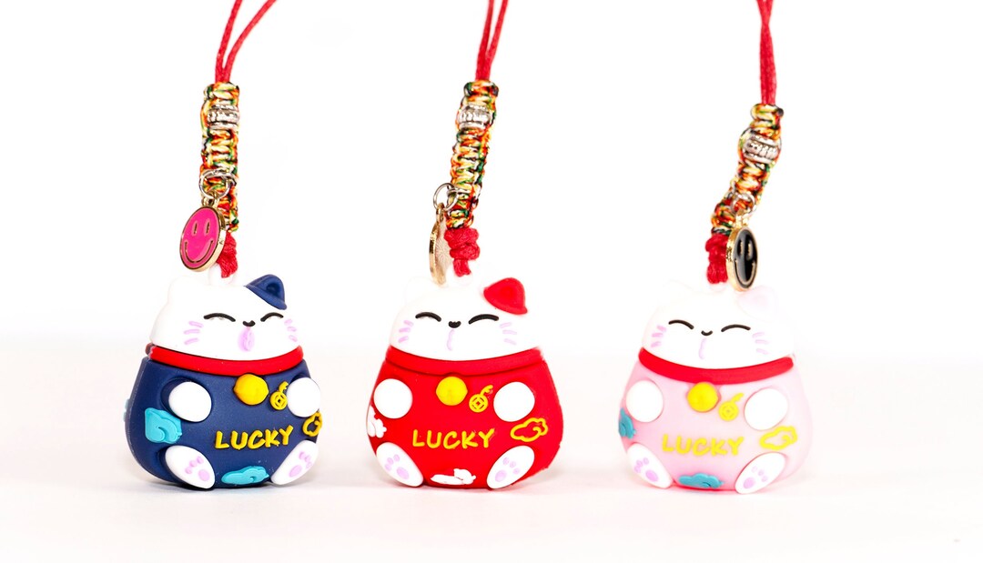 Handmade Red Braided Rope Maneki Neko & Smiling Face Pendent Keychain| Maneki Neko Charm Zipper ...