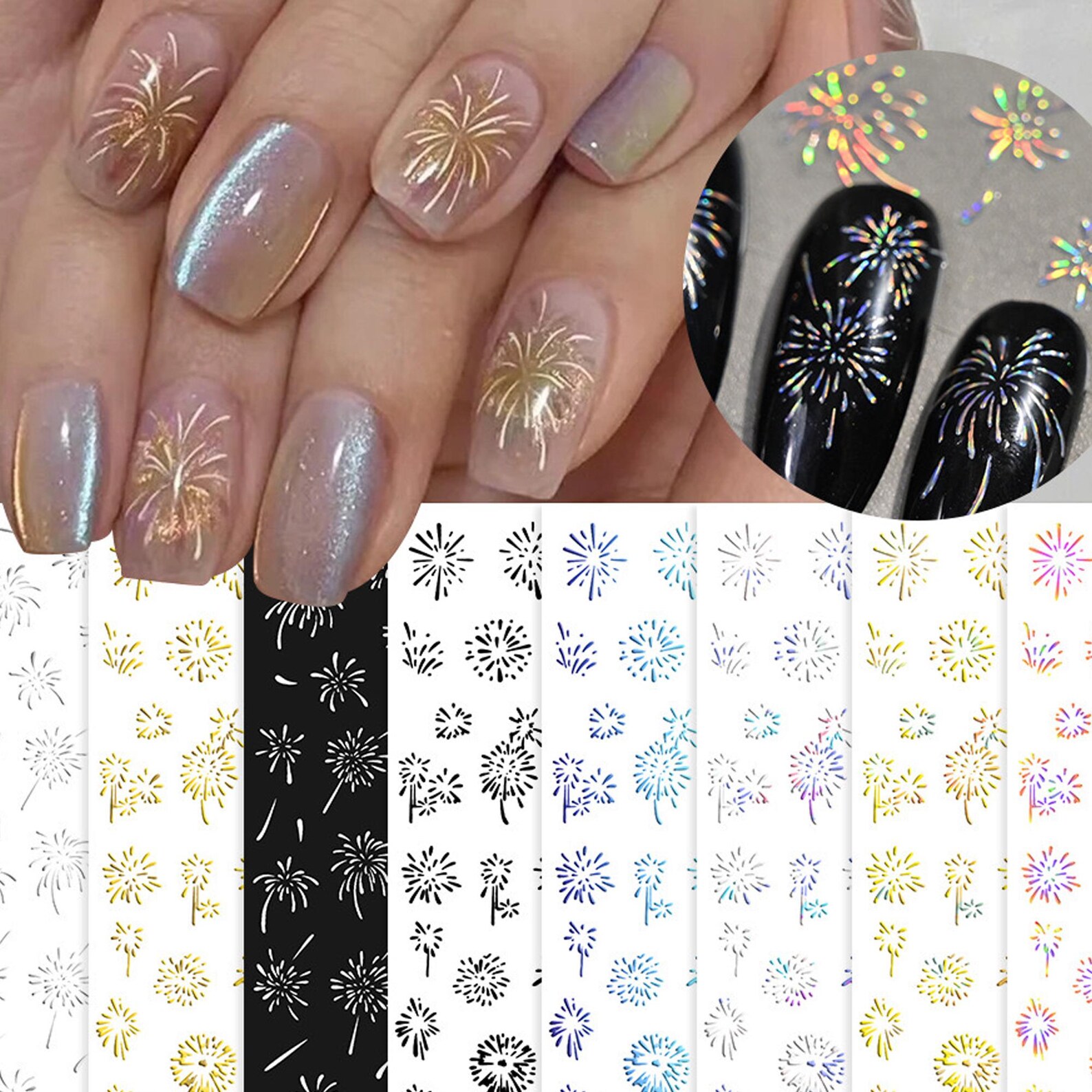 Firework Stickers, Gold/ Silver/ Rainbow Coloured/ White/ Black Nail ...
