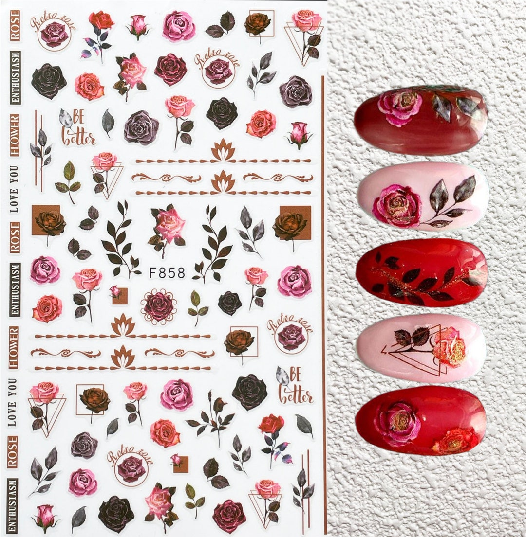 Red Floral Stickers, Pink Rose Self Adhesive Nail Decals, Leaves Nail ...