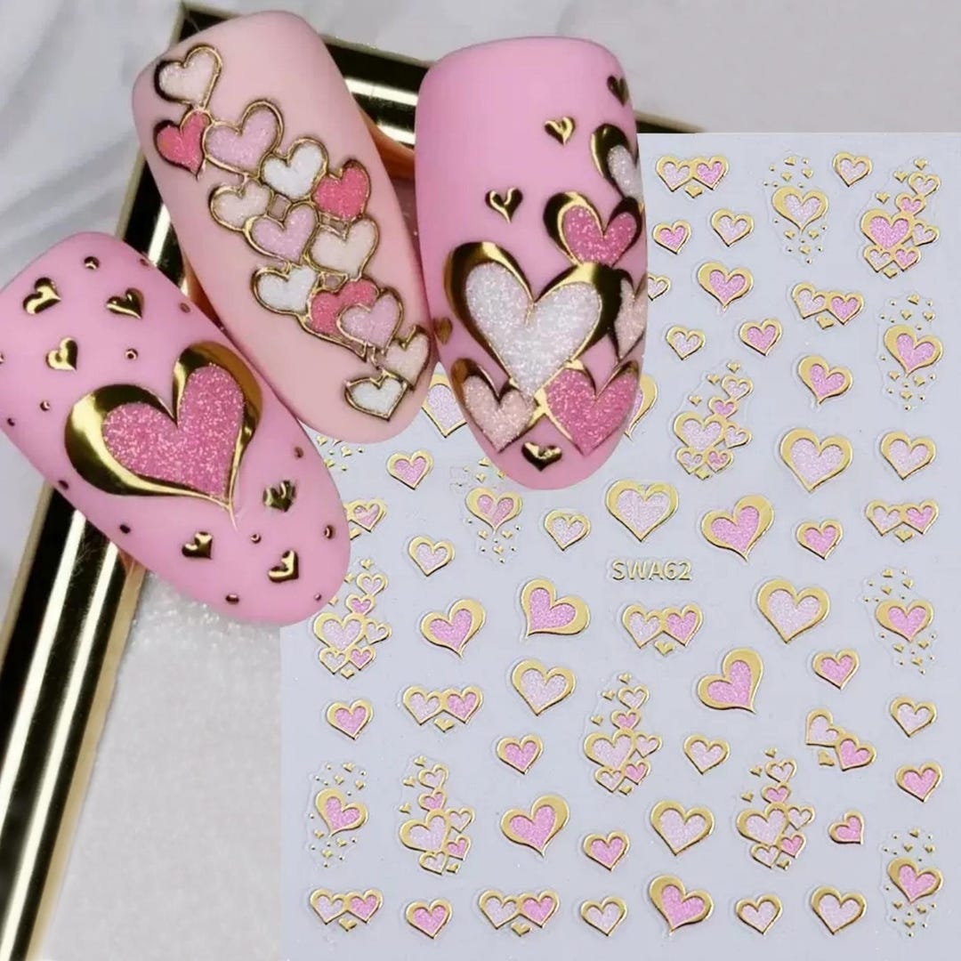 Pink Heart Nail Stickers, Gold Outline Cute Love Nail Decals, Kawaii ...