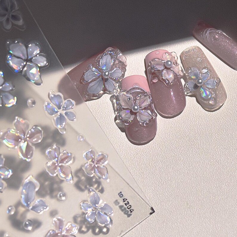 3D Floral Nail Sticker, Shell Gloss DIY Nail Design, Pink/ Blue Flower ...