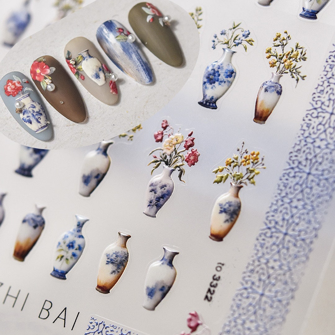 Blue and White Porcelain Nail Stickers, Vase Decal, Flower Nail Art ...