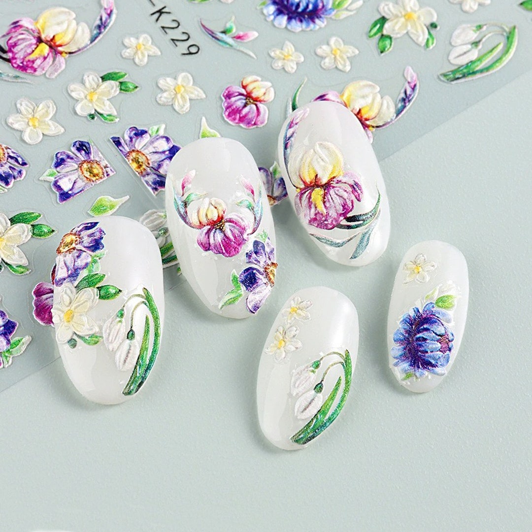 3D Flower Nail Stickers, Colored Floral Nail Decals, Oil Painting ...