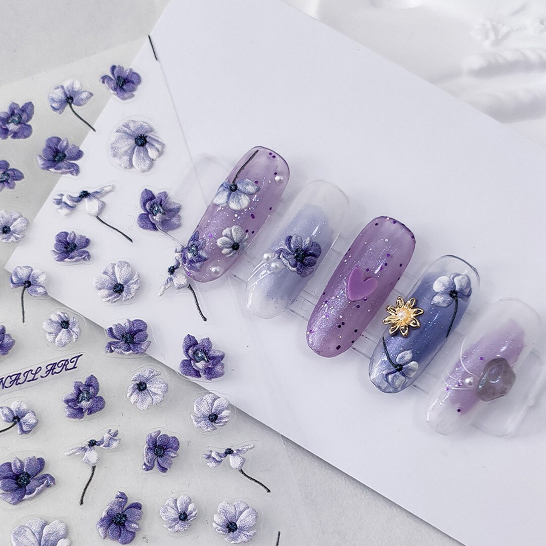 Purple Flower Nail Stickers, White Flower Nail Decals, Floral Nail Art ...