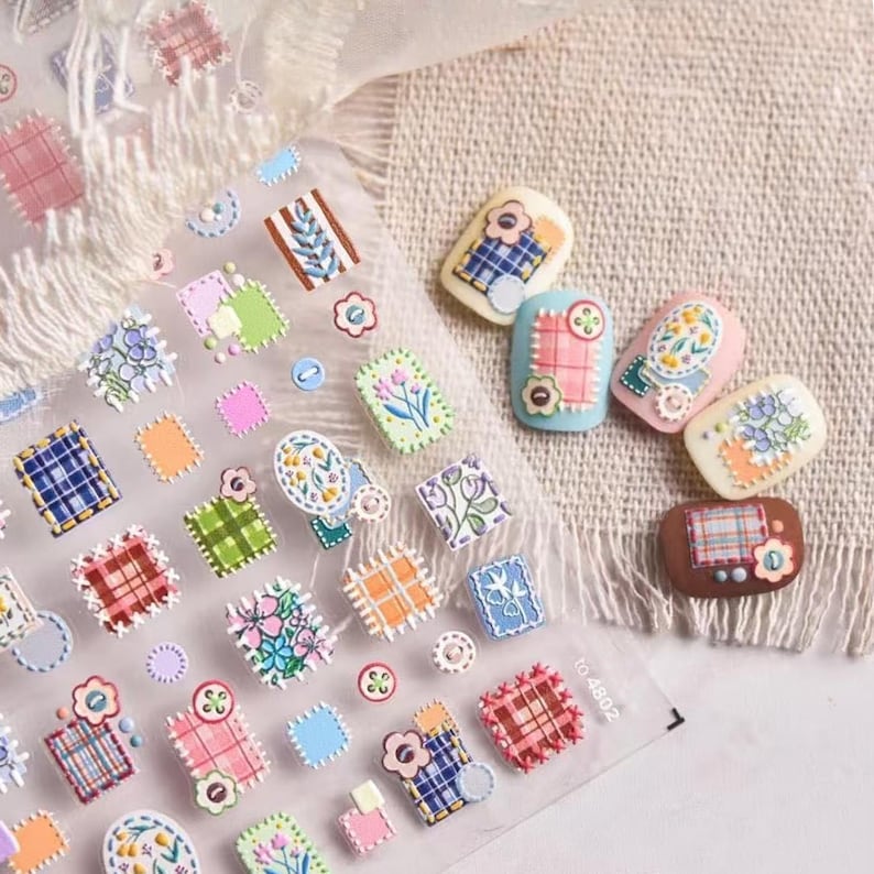 3D Patchwork Nail Art Stickers, Plaid and Floral Decals - Etsy