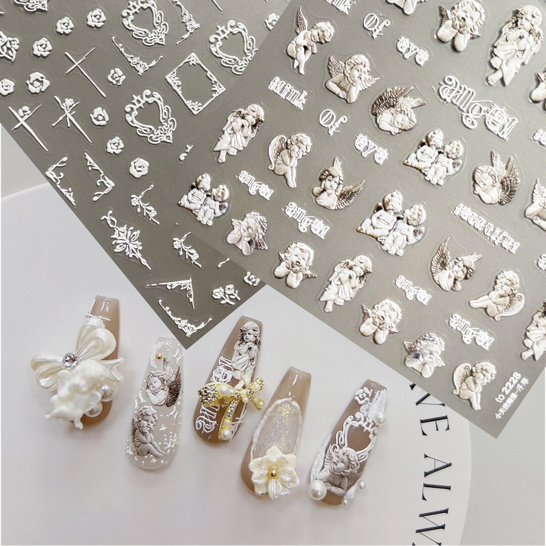 3D White Frame Sticker,embossed Angels Nail Sticker,cute Self Adhesive ...