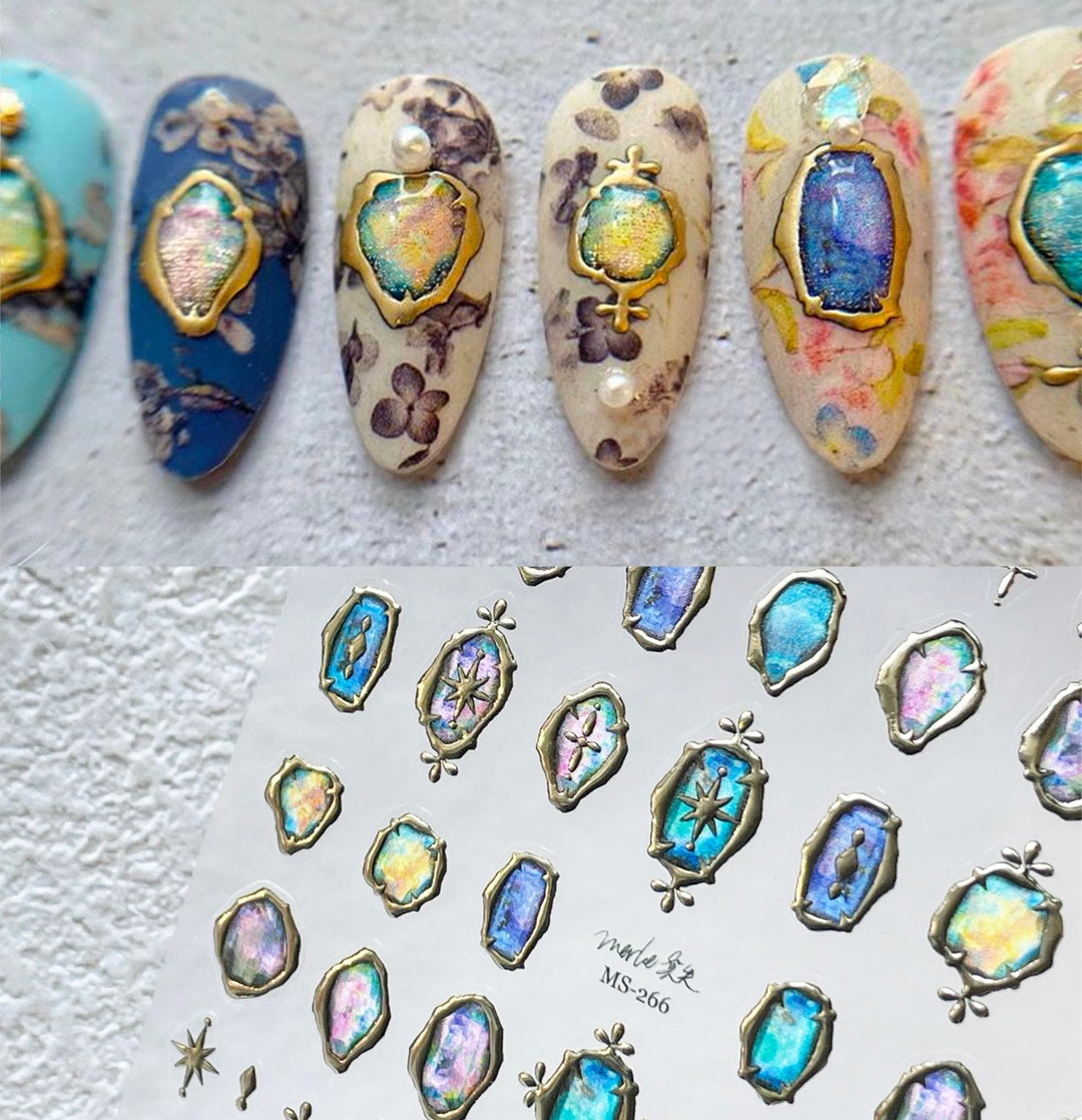 Gold Framed Stickers for Nail Art, Blue Gem Sticker,cross Star Nail ...