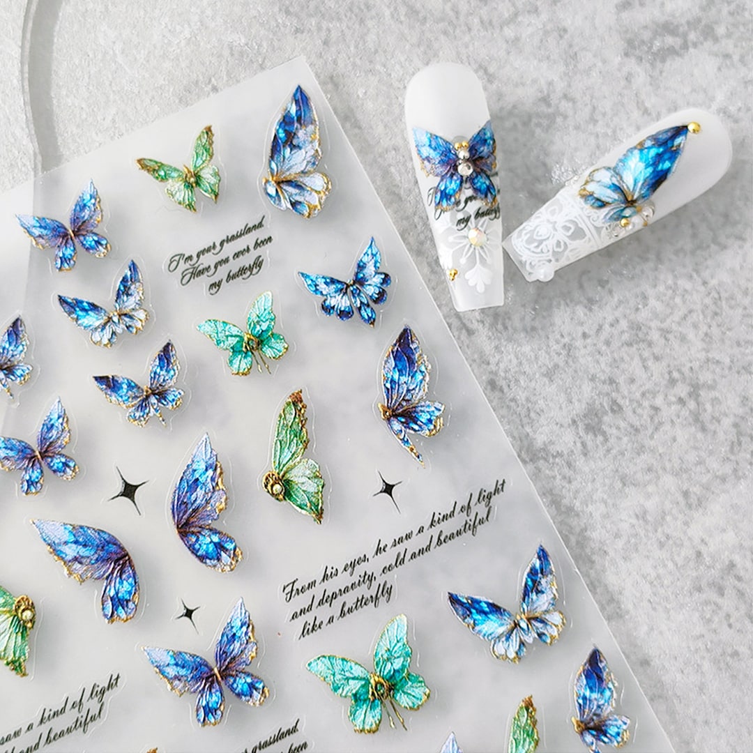 Blue Butterfly Sticker, 3D Floral Nail Sticker, Wedding Nail Art, Green ...