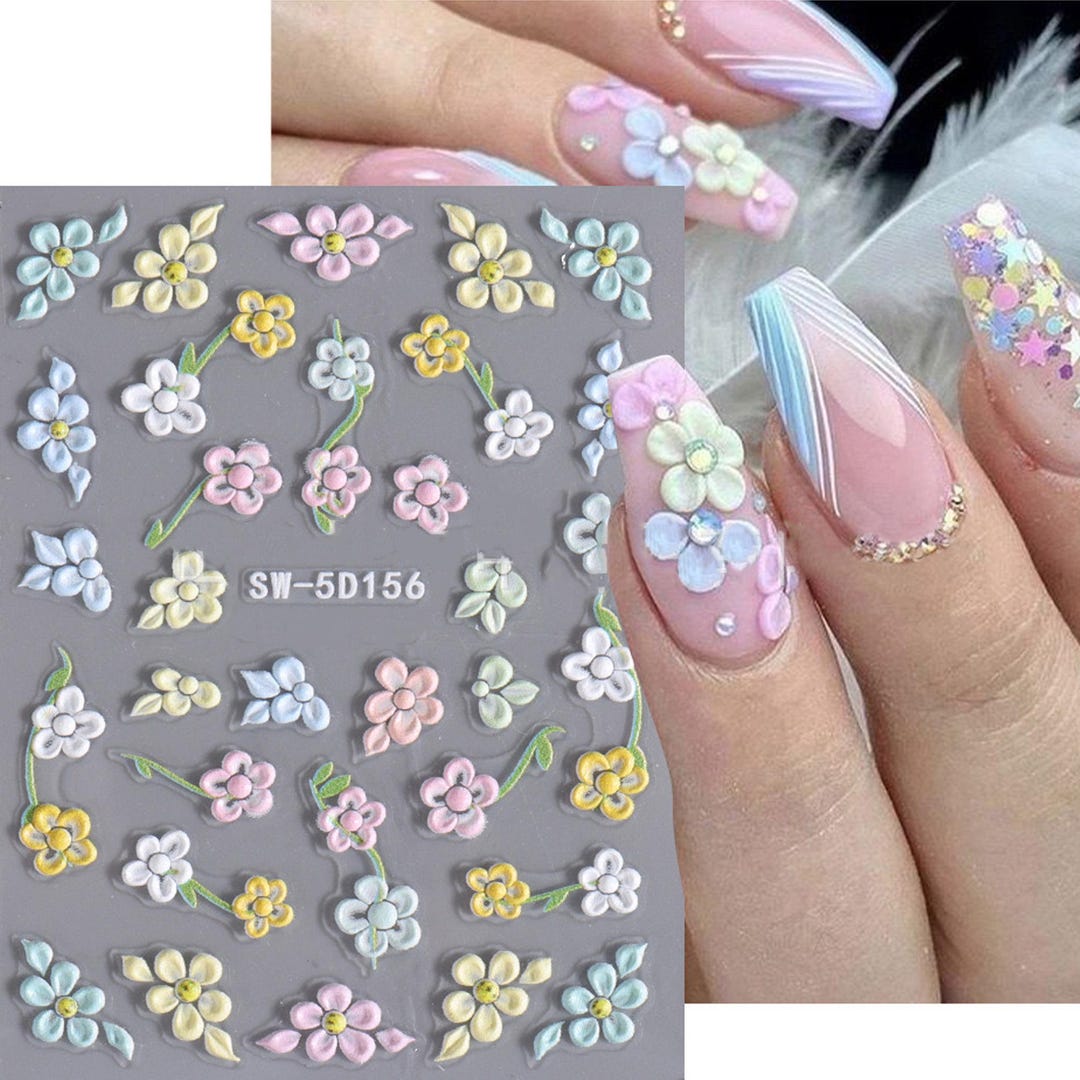 Pastel 3D Floral Nail Art Stickers, Soft Blossom Nail Decals, Colored ...